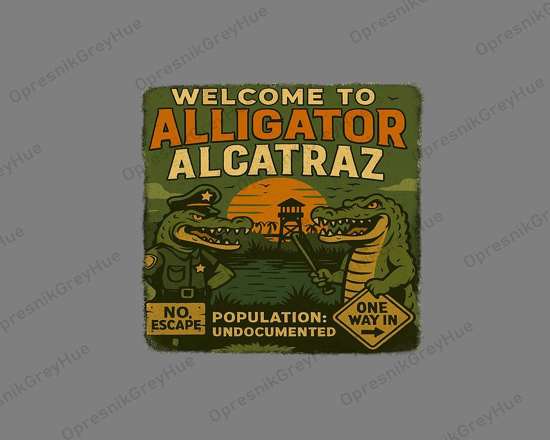 Welcome to Alligator Alcatraz PNG, Retro Prison Satire Poster Design ...