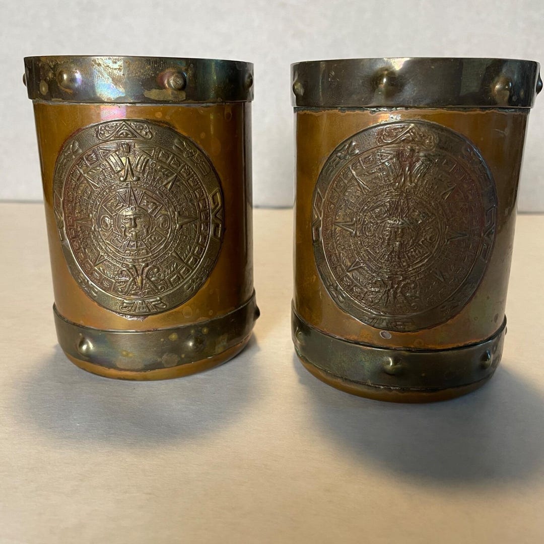Set of 2 VTG Patinaed Copper & Brass Mexico Aztec Mayan Calendar Mugs ...