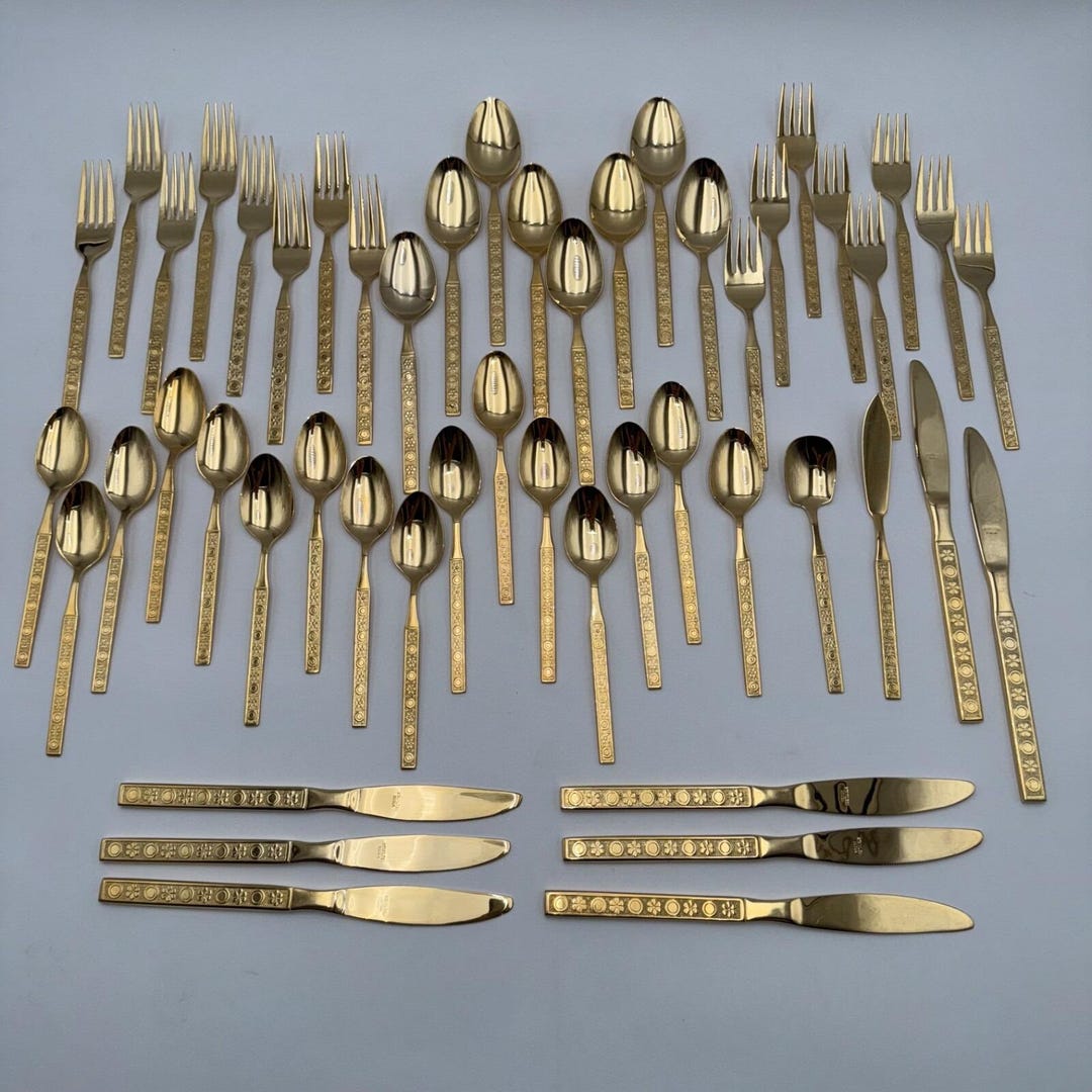 Lifetime Cutlery Stainless Korea Gold Electroplate Set of 50 MCM Daisy ...