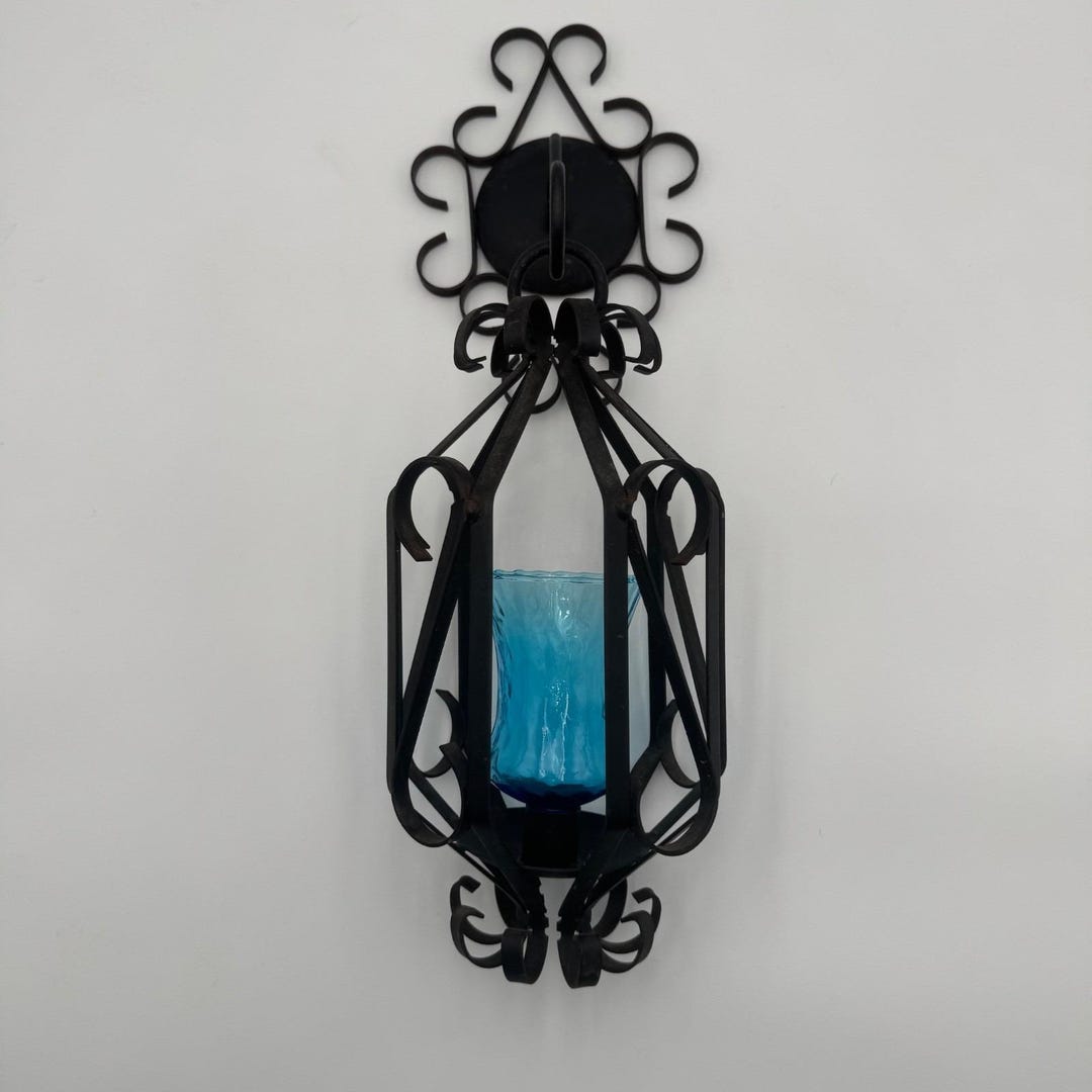 MCM Black Wrought Iron Spanish Hanging Lantern W Wall Hook Blue Insert ...