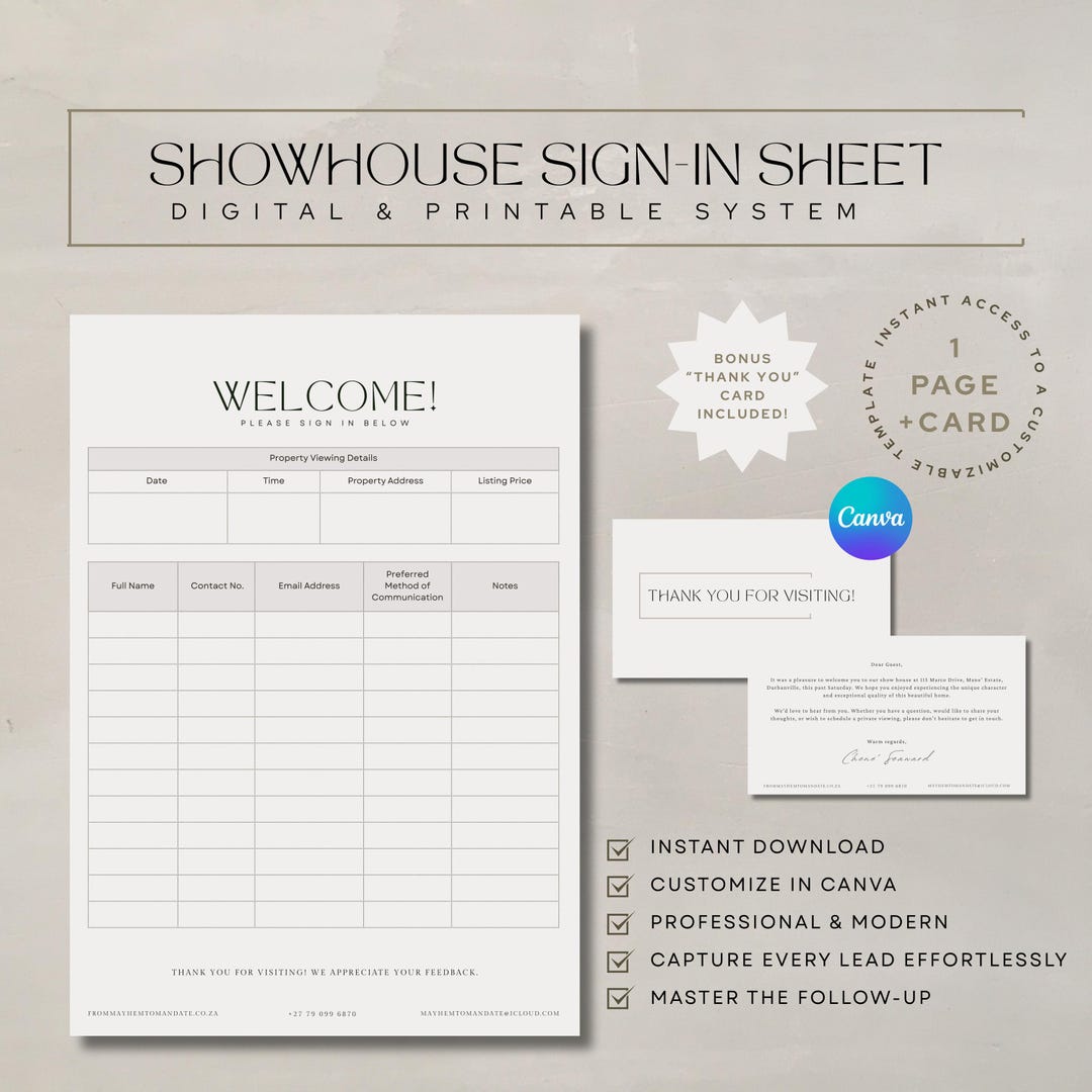 Real Estate Open House Sign-in Sheet & Thank You Card (canva Template ...