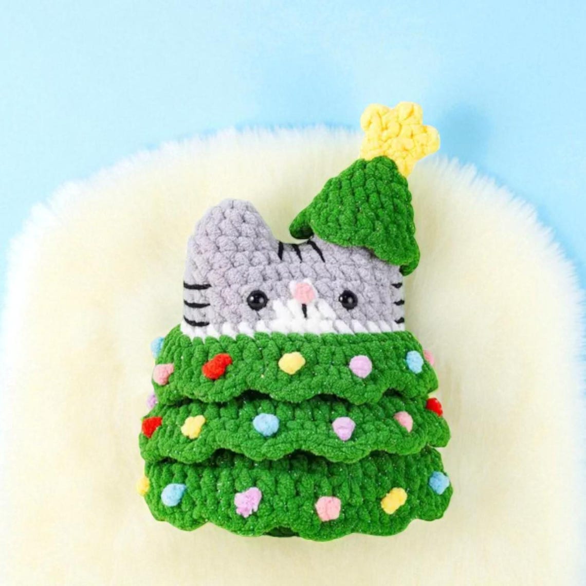 Crochet Christmas Tree Cat Plush – Handmade Amigurumi Holiday Decor ...