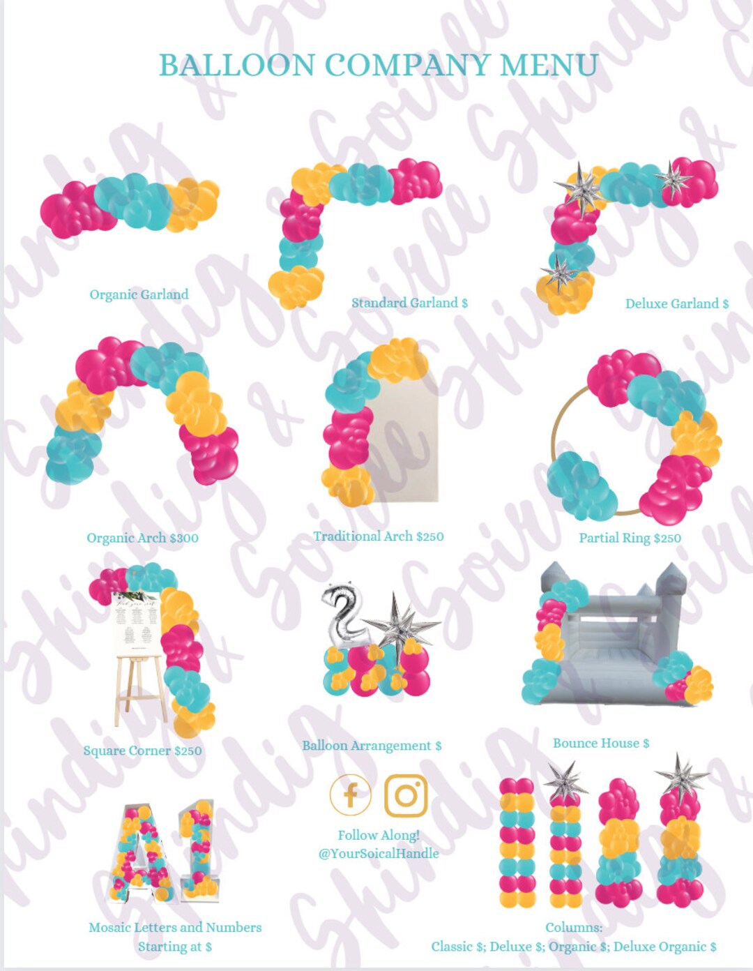 Balloon Pricing Menu Template: Hot Pink, Yellow, Turquoise (canva ...
