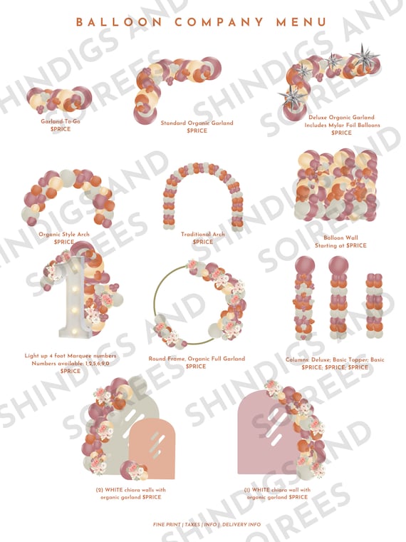 Boho Balloon Pricing Menu Canva Template Download With Marquee - Etsy UK