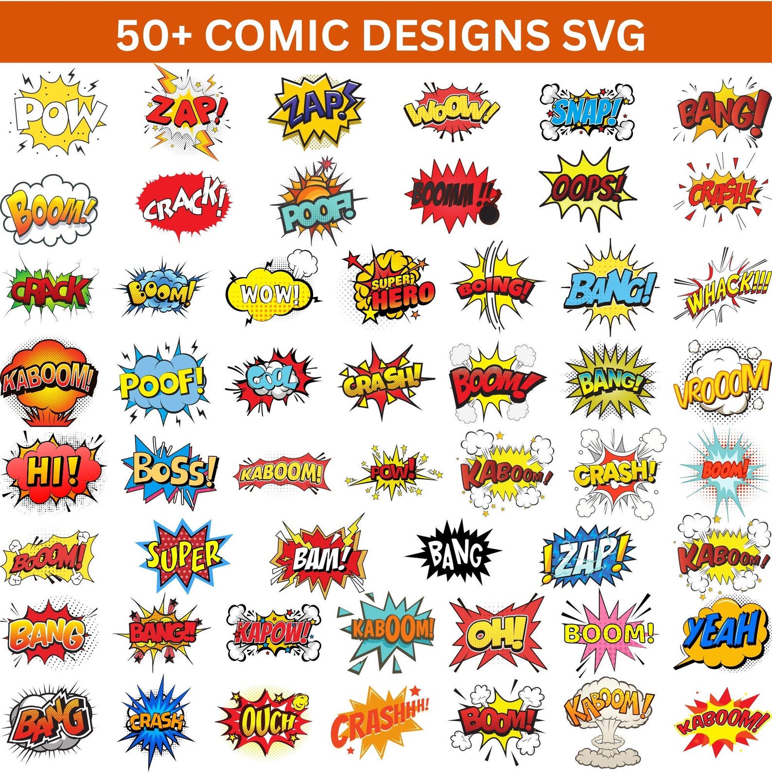 50+ Comic Style Action Bubbles SVG Bundle, Pop Art Text (instant ...