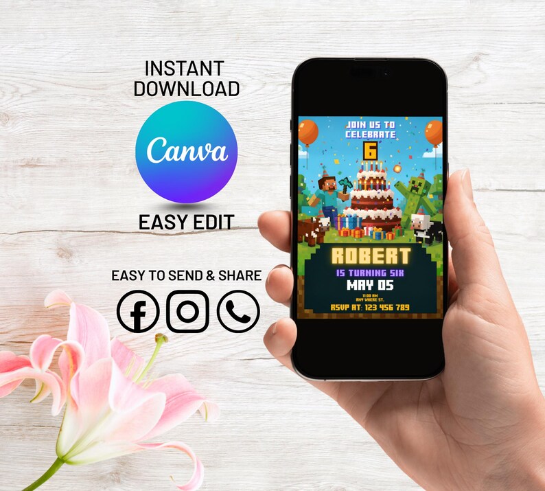 Editable Pixel Block Birthday Invitation Canva Template - Etsy