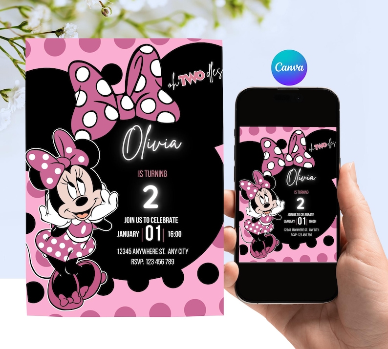 Editable Minnie Mouse Oh Twodles Invitation, Pink 2nd Birthday Template ...
