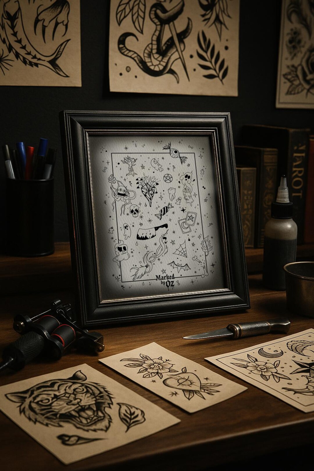 Vintage Gothic Tattoo Flash Sheet — Dark Arts Blackwork Tattoo Art ...