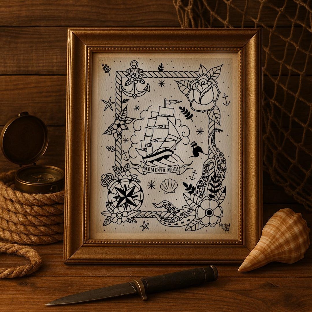 Nautical Tattoo Flash Sheet: Memento Mori, Ship, Compass (digital ...