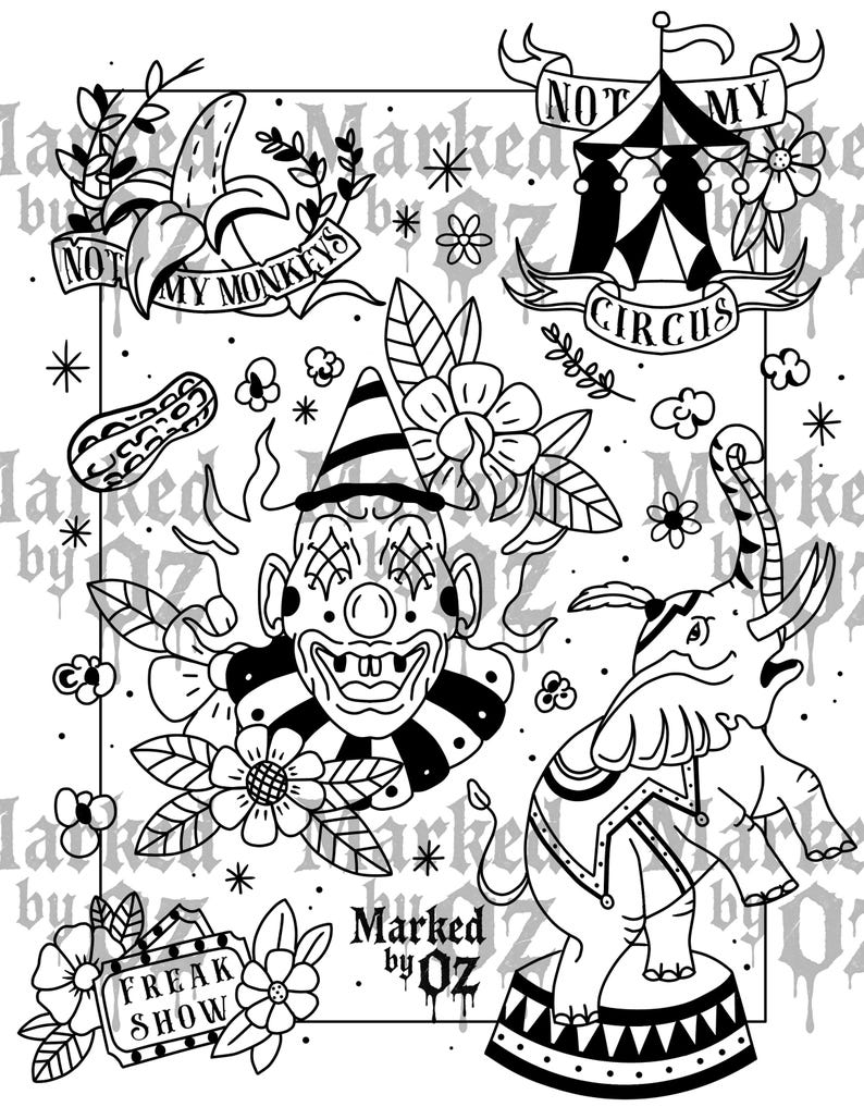 Vintage Circus Flash Sheet – American Traditional Tattoo Design, Freak ...