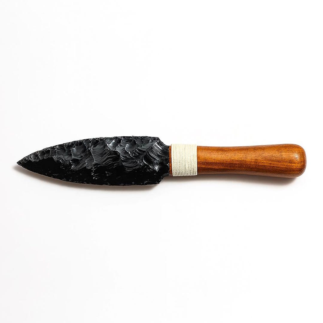 Handmade Obsidian Blade Knife With Wooden Handle | Flaked Black ...