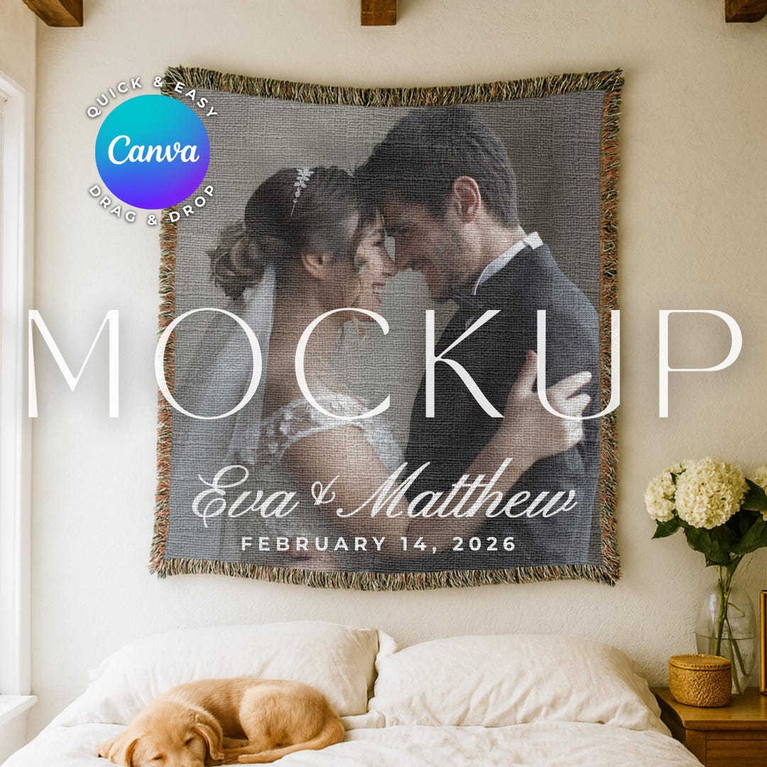 Realistic Bedroom Woven Blanket Mockup Printify Woven Throw Blanket ...