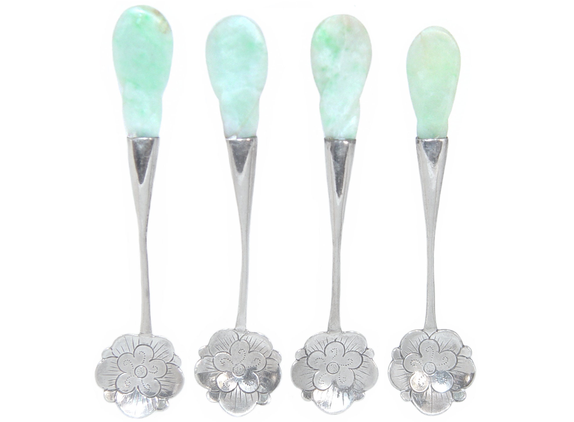 Antique Chinese Spoons, Sterling Silver and Jade, Opium Spoons, Snuff ...