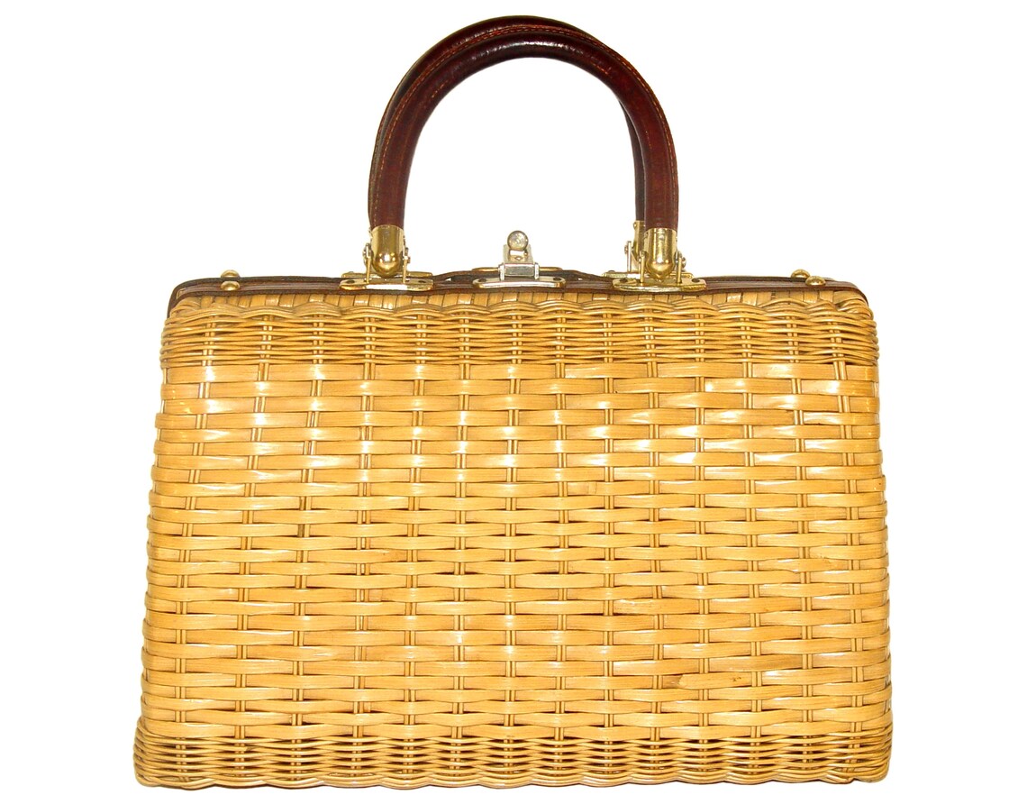 Vintage Wicker Handbag, Chic Leather Details, Mid Century Modern ...