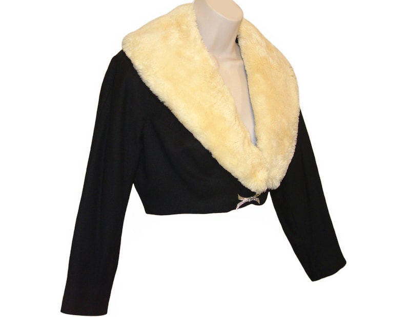 Vintage Jacket, Black Bolero Jacket With Fur Collar, Rhinestone Buckle ...