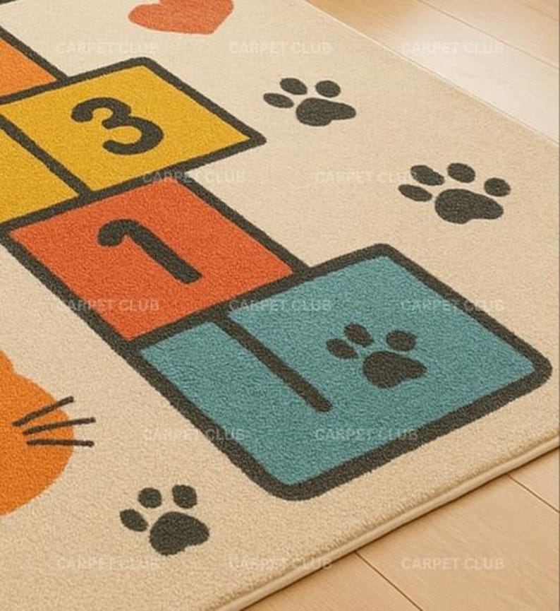 Hand Tufted Hopscotch Kids Rug With Cat Design - Soft Wool Playroom ...