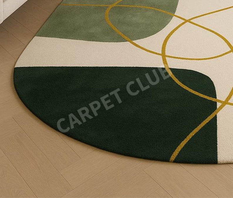 Modern Abstract Round Rug – Green, Cream & Gold Tufted Carpet - Etsy