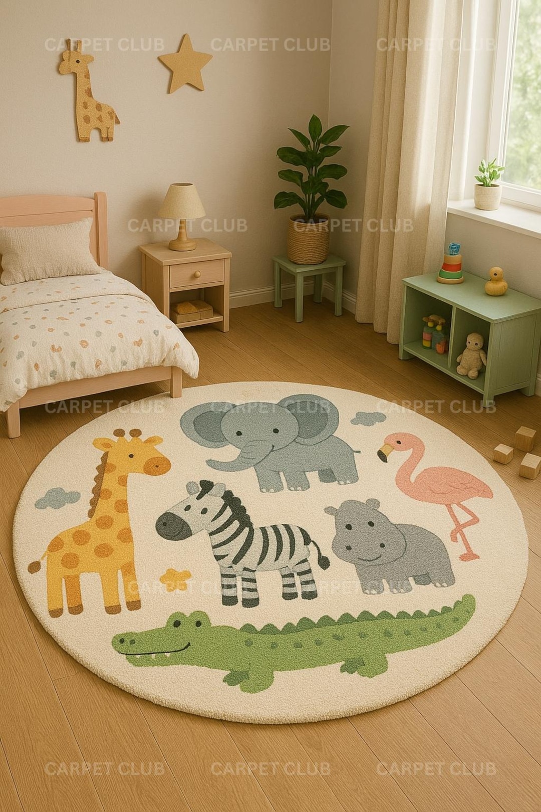 Round Jungle Animal Rug – Hand-tufted Wool, Kids Nursery & Playroom ...