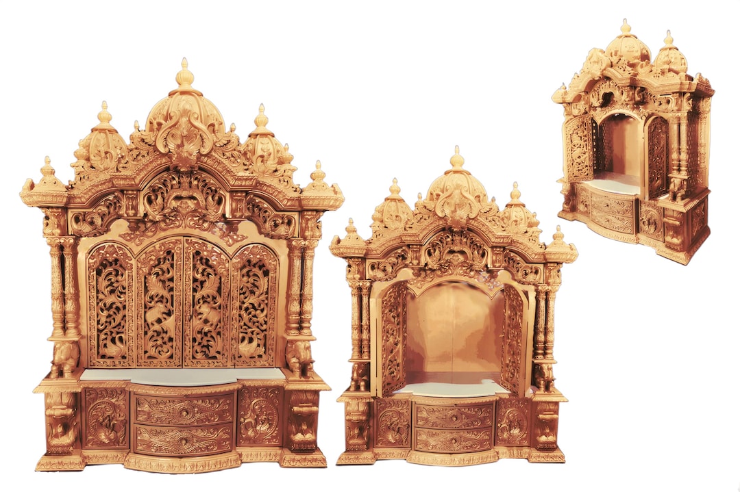 Luxury Hand-carved Teakwood Pooja Mandir With Metal Work, Domes ...