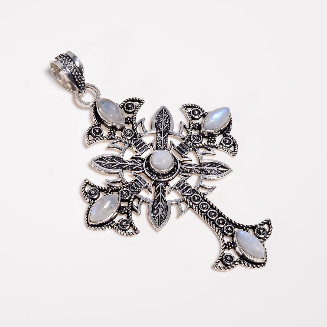 Moonstone Cross Pendant Sterling Silver Filigree Necklace, Gothic ...