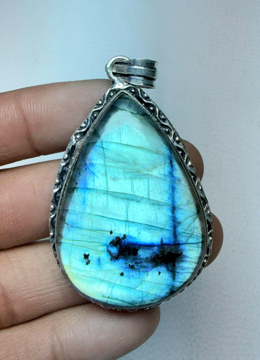 Blue Flash Labradorite Teardrop Pendant, Handmade Sterling Silver Boho ...