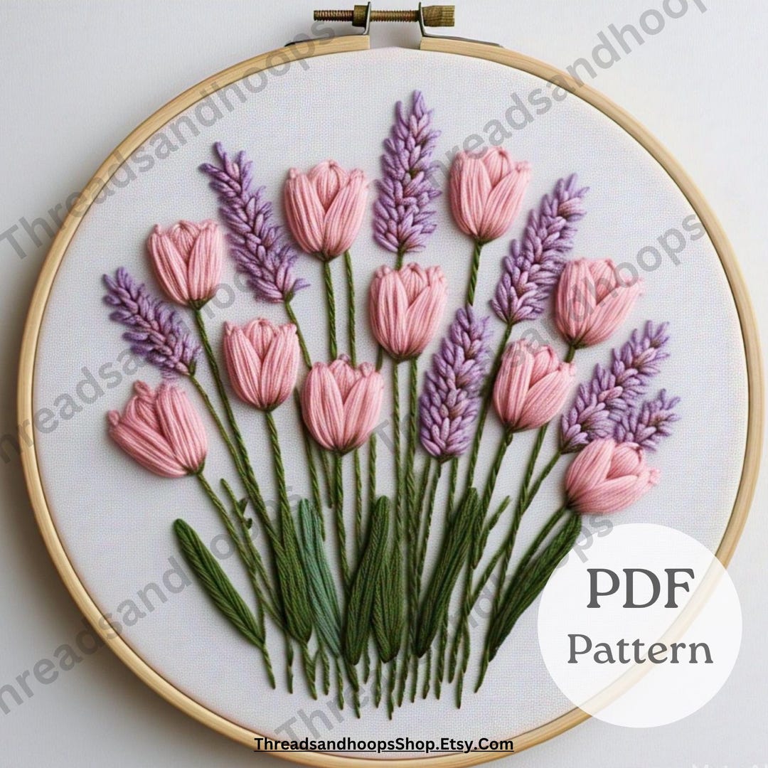 Tulip and Lavender Hand Embroidery Pattern, Floral Hoop Art (PDF ...