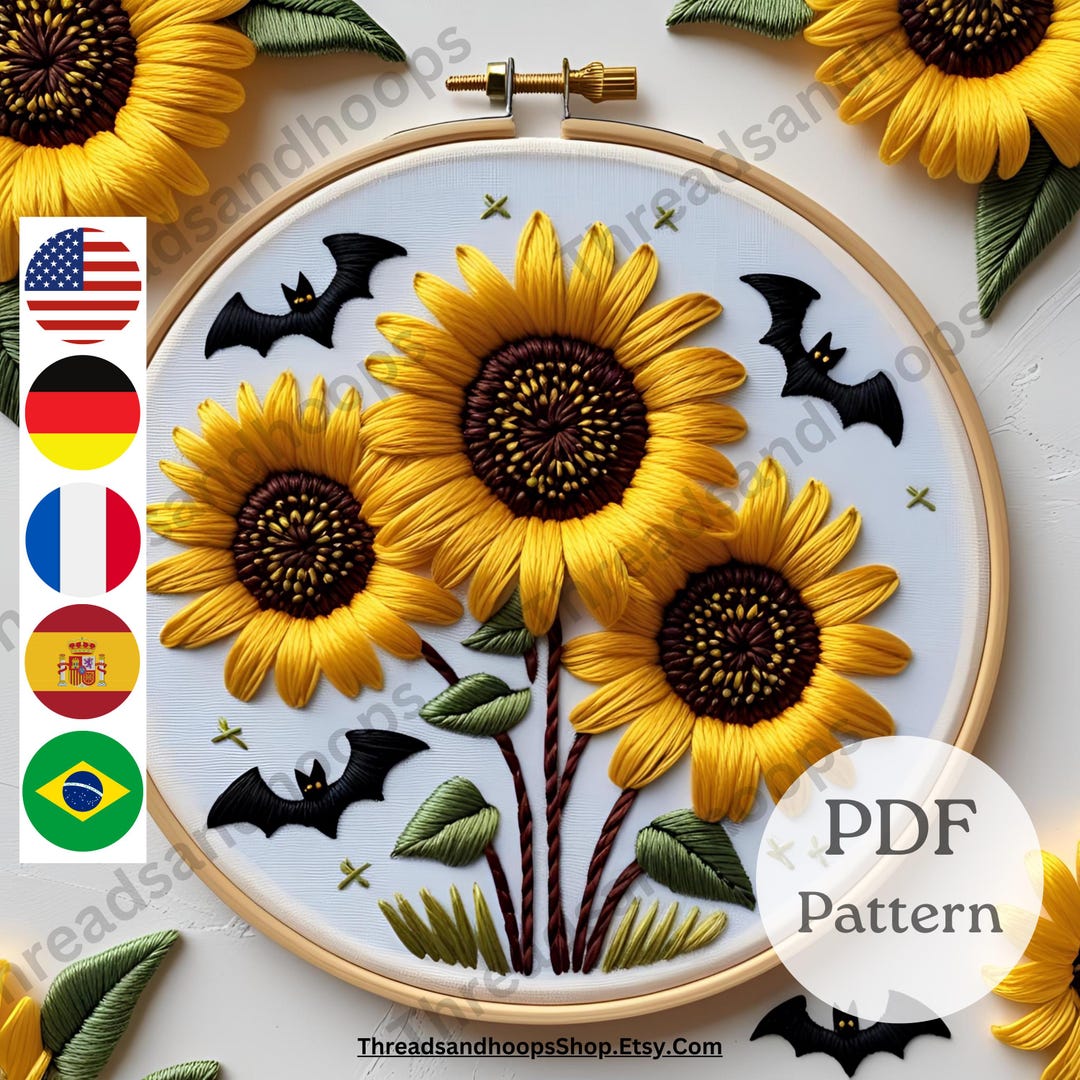 Sunflower and Bats Embroidery Pattern | Autumn Floral Design (PDF ...