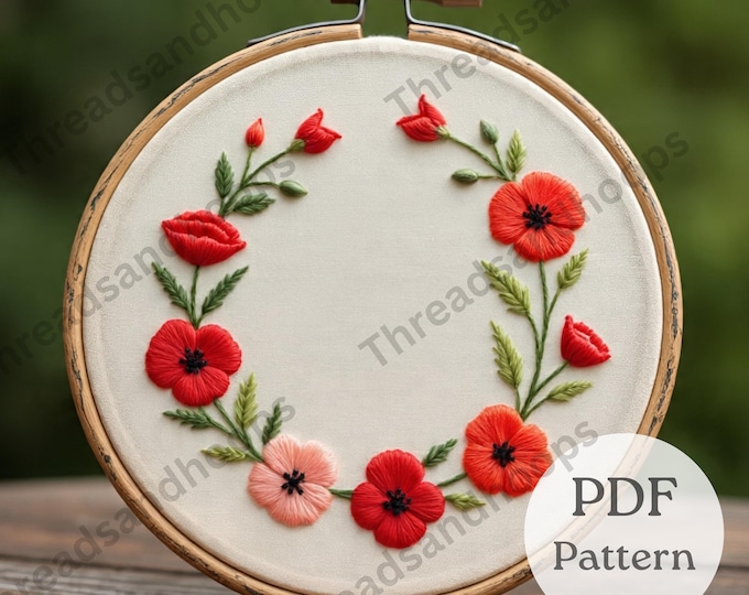 Poppy Wreath Hand Embroidery Pattern, Red Poppies Wreath, Poppy Flower ...