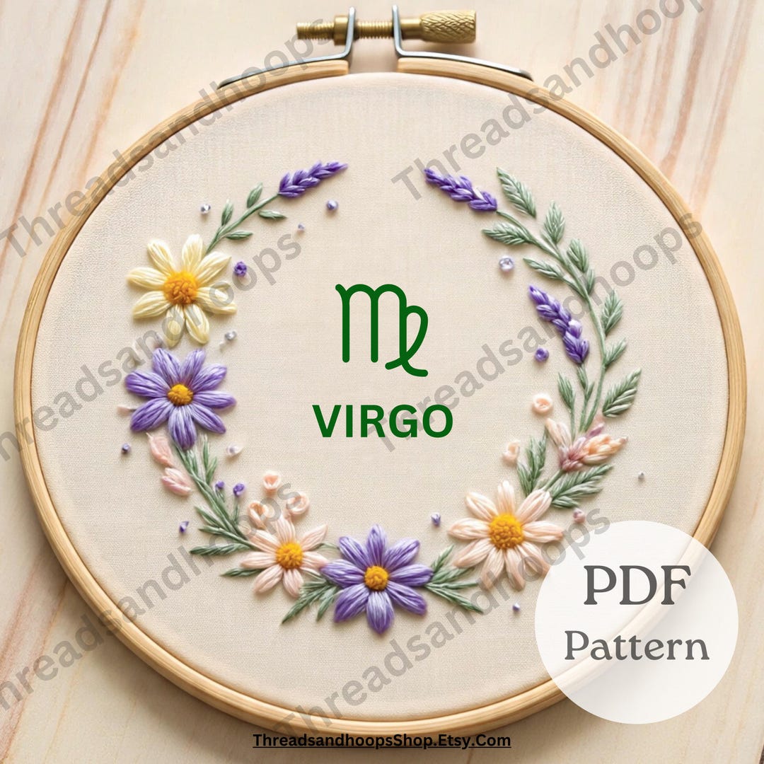 Virgo Zodiac Embroidery Pattern: Pastel Floral Wreath, DIY Hoop Art ...