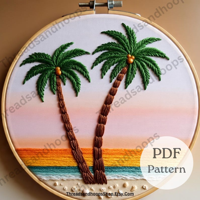 Palm Trees Sunset Hand Embroidery Pattern: Tropical Beach Decor (PDF ...