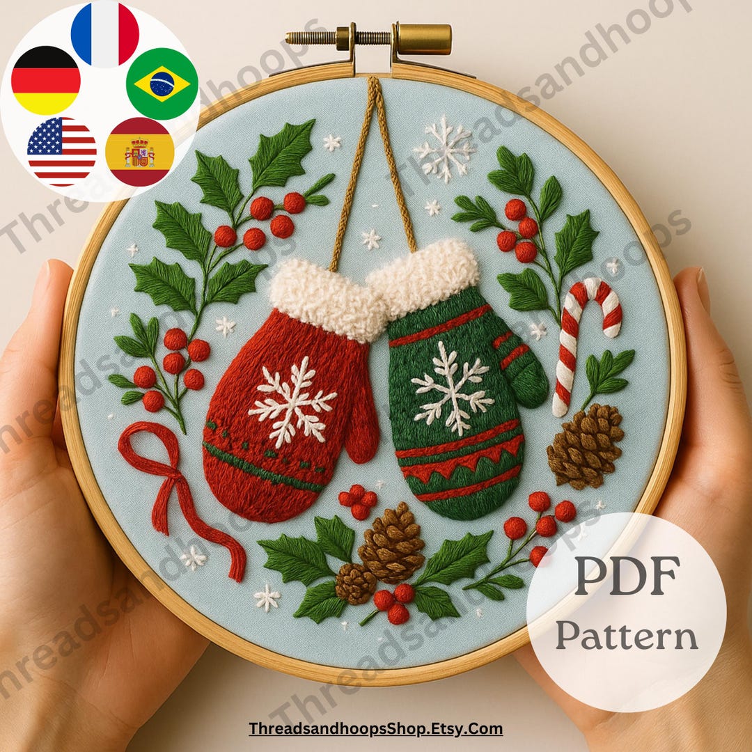 Christmas Mittens Embroidery Pattern PDF | Winter Mittens, Holly ...