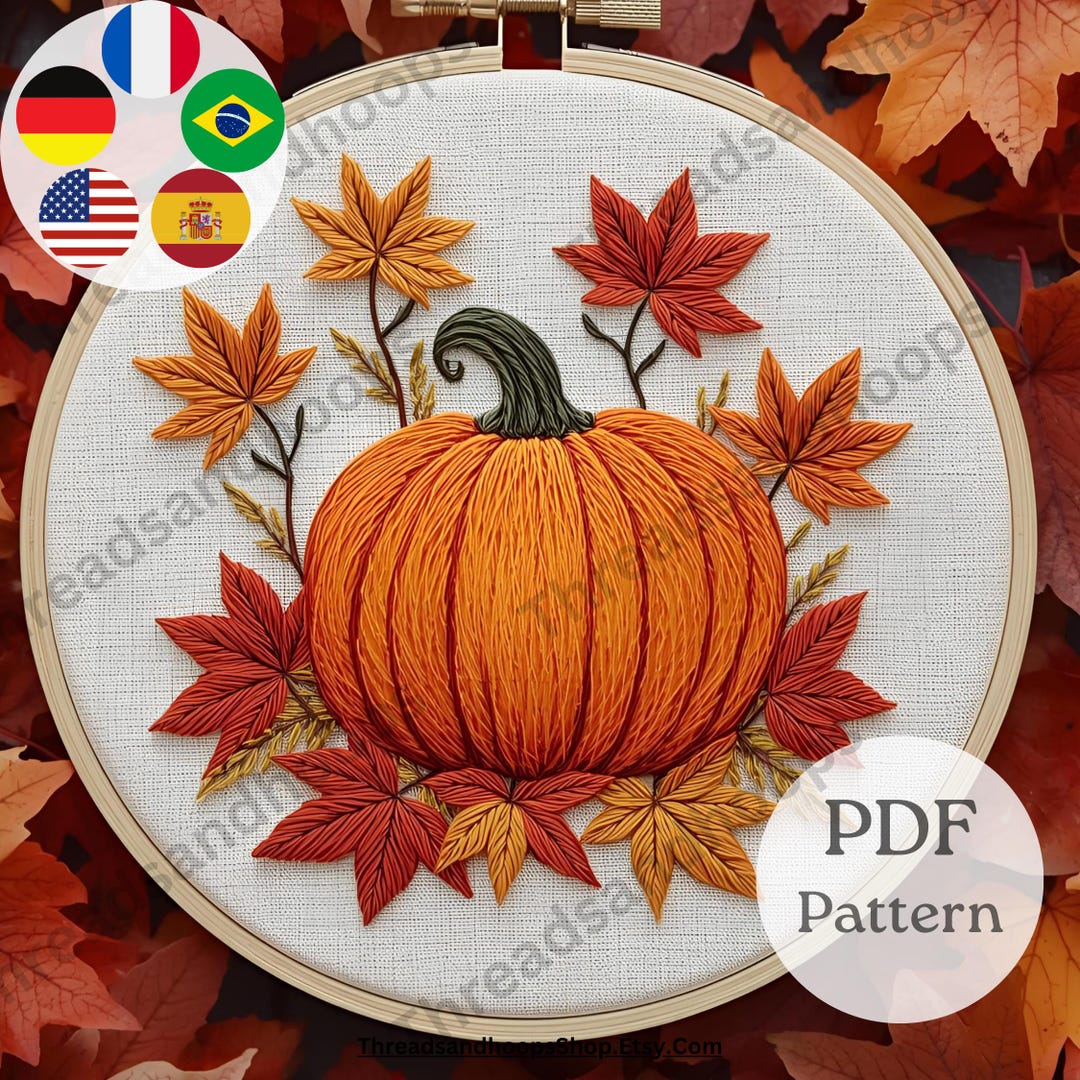 Autumn Pumpkin Embroidery Pattern PDF | Fall Maple Leaves Hand ...