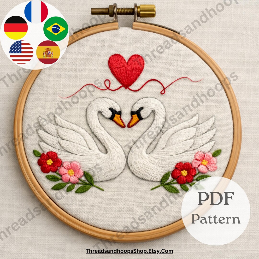 Swan Love Embroidery Pattern – Wedding Anniversary Heart Design (PDF ...
