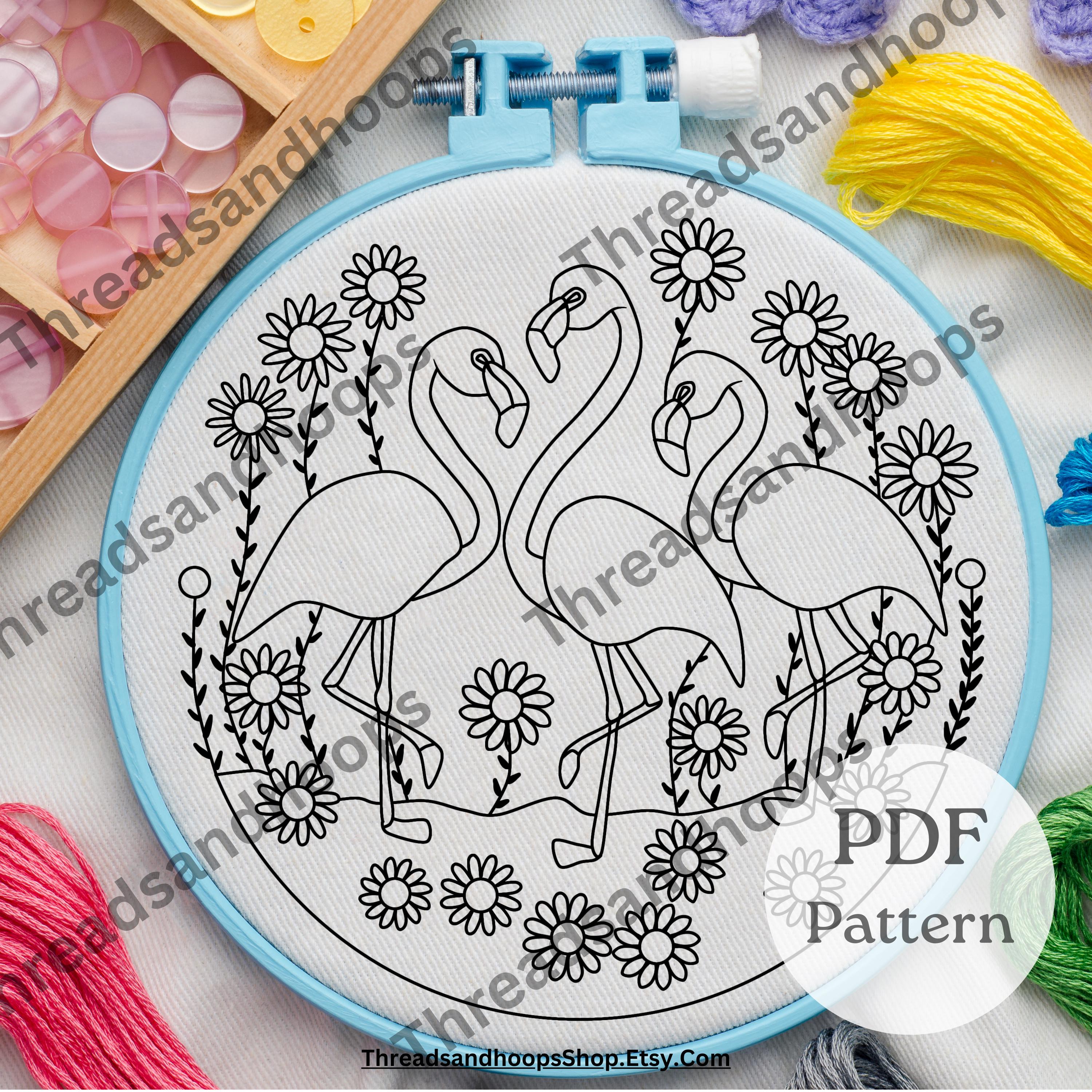 Flamingo Hand Embroidery Pattern, Daisy Garden, Tropical Decor (PDF ...