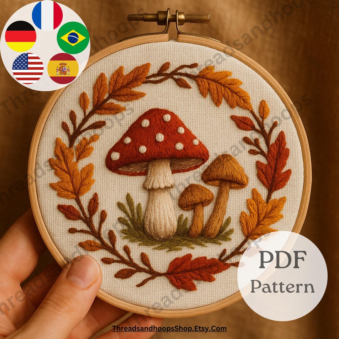 Mushroom Embroidery PDF Pattern – Beginner Woodland Hoop Art (instant ...