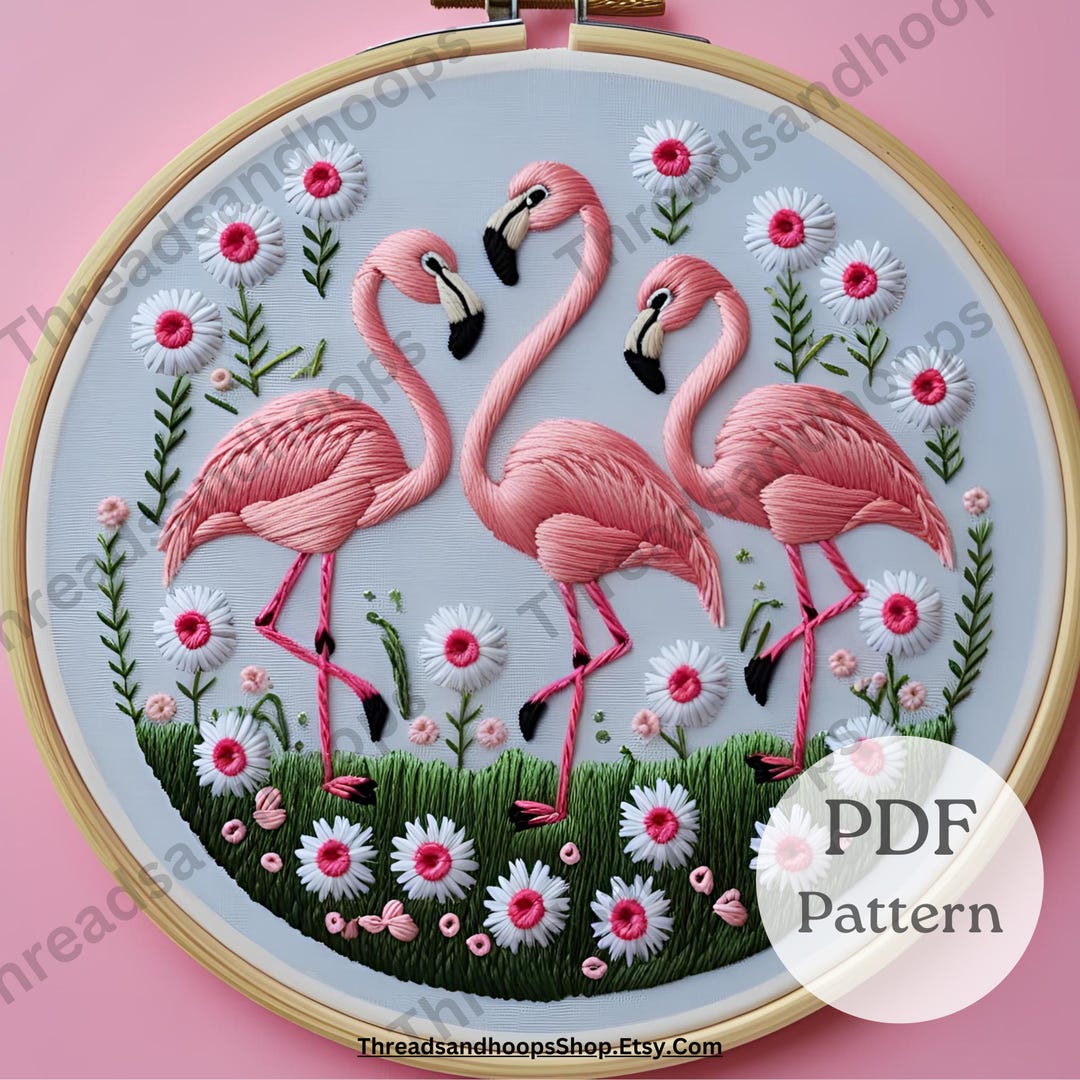 Flamingo Hand Embroidery Pattern, Daisy Garden, Tropical Decor (PDF ...