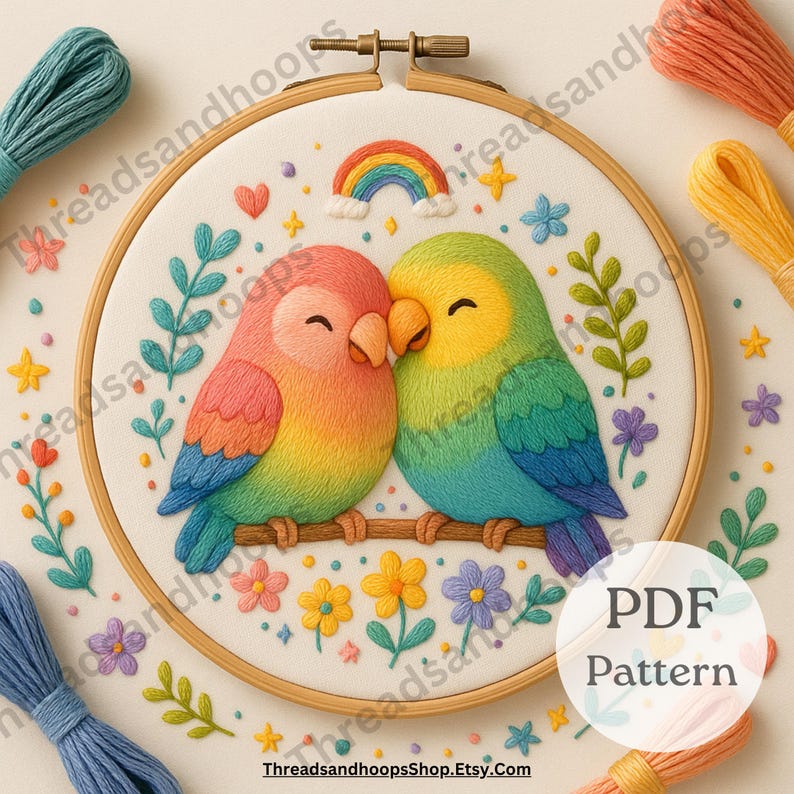 Rainbow Lovebirds Embroidery Pattern, Beginner Hoop Art (PDF Pattern ...