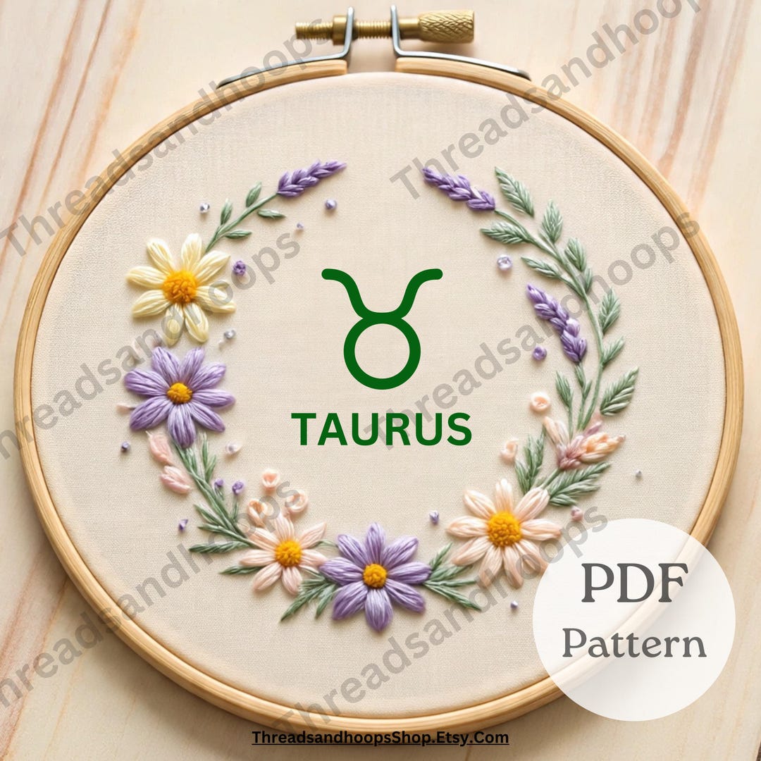 Taurus Zodiac Embroidery Pattern: Pastel Floral Wreath (digital ...
