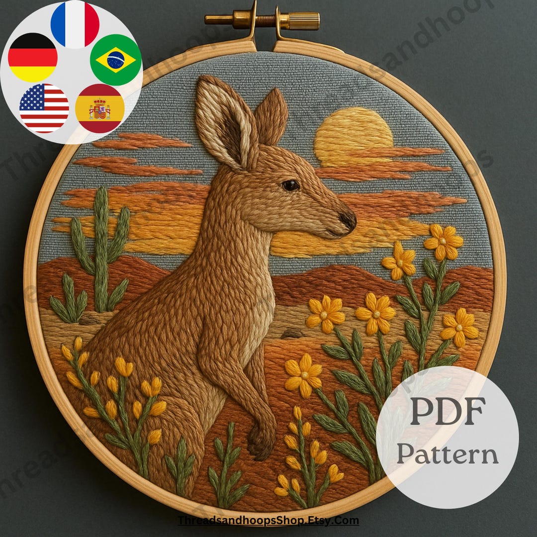 Kangaroo Embroidery PDF Pattern – Australian Wildlife Sunset Landscape ...
