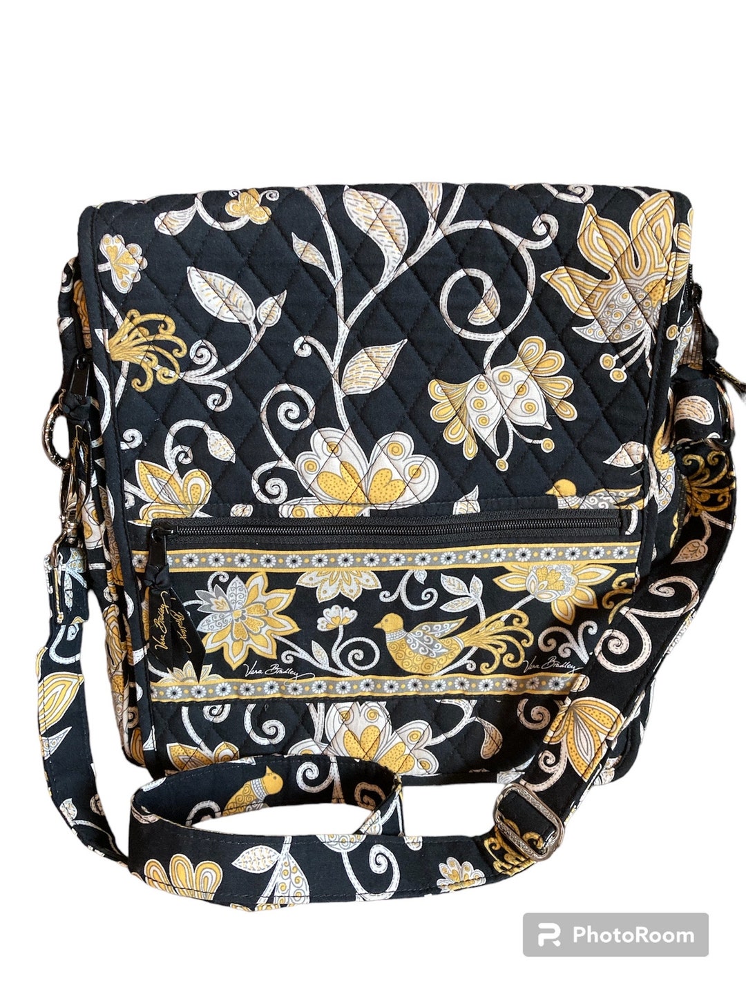 Vera Bradley Messenger Bag, Yellow Bird Black Mailbag, Slim Crossbody ...