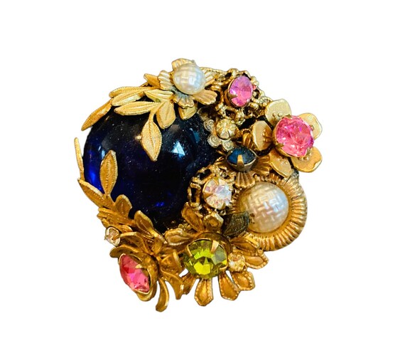Miriam Haskell Flower Brooch Blue Glass And Rhinestone… Gem