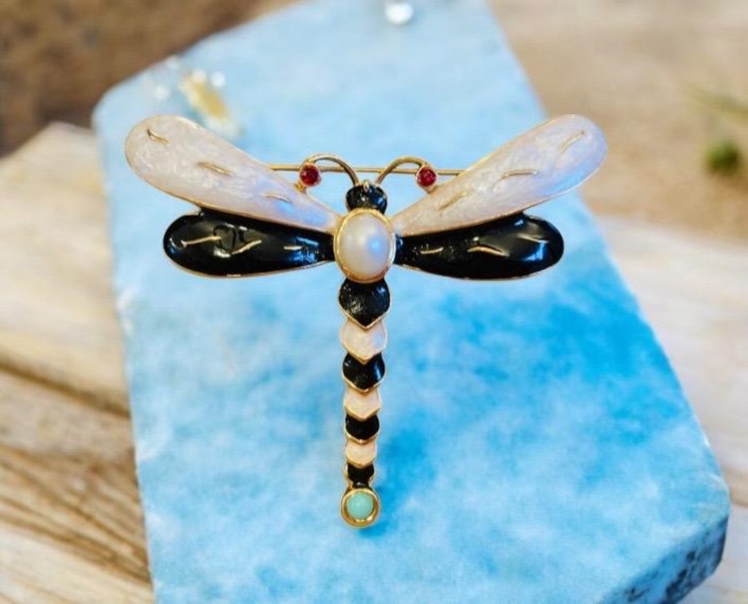 Vintage Atwood & Sawyer Dragonfly Brooch: Enamel, Pearl, Rhinestone Bug ...