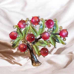 Coro Tree Brooch Pin, Pink Moonstone Enamel Pin, Rhinestone Tree Pin ...