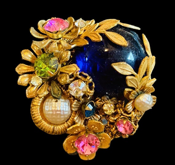 Miriam Haskell Flower Brooch Blue Glass And Rhinestone… Gem
