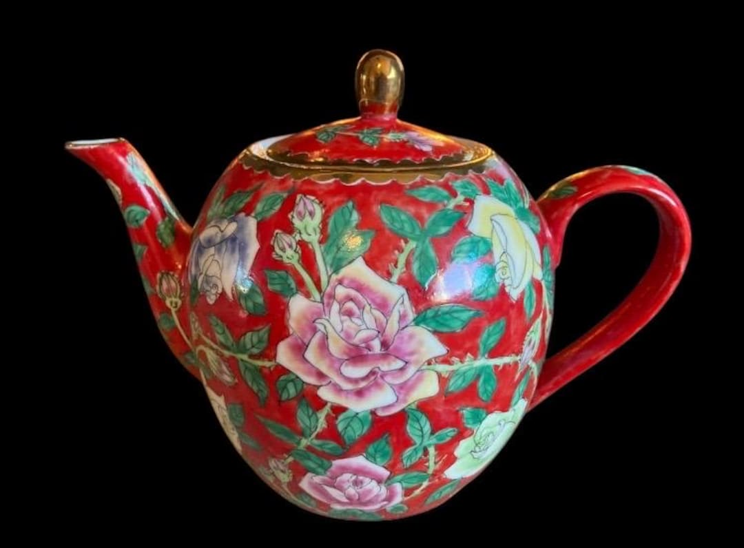 Rose Flower Red Teapot, Hand-painted Flower Teapot, Antique Tea Pot ...
