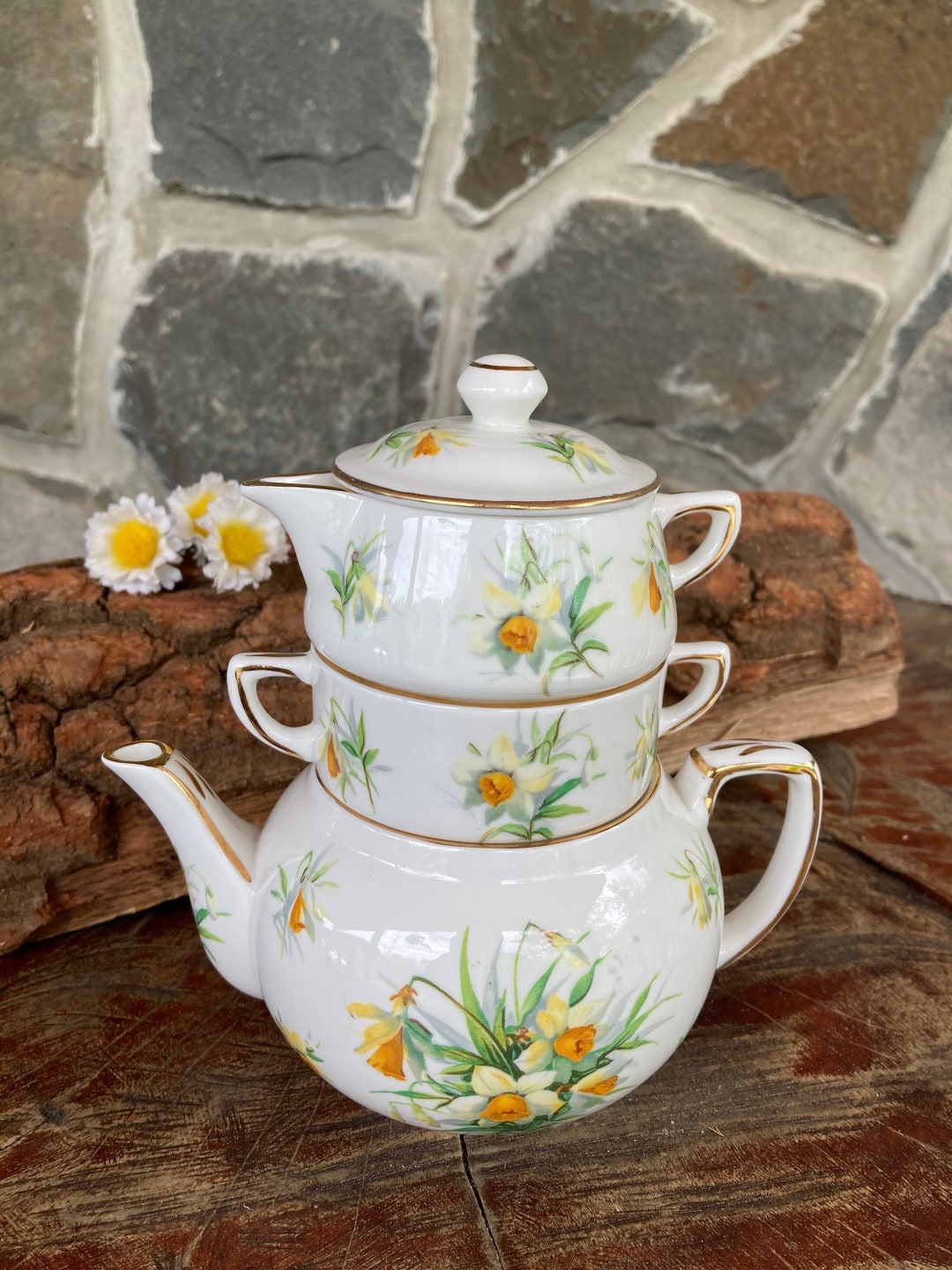 Hammersley Stacking Tea Pot, Daffodil Flower Tea Pot, Creamer Sugar Tea ...