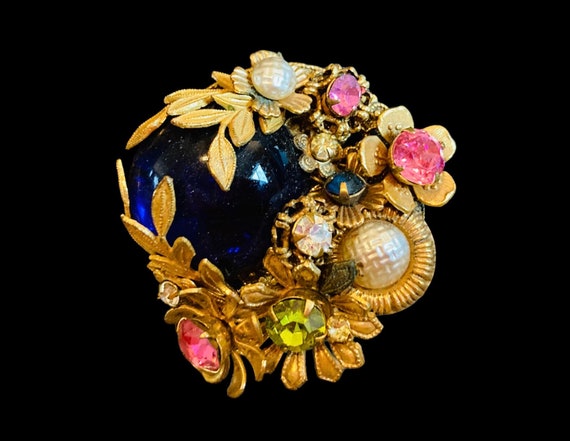 Miriam Haskell Flower Brooch Blue Glass And Rhinestone… Gem