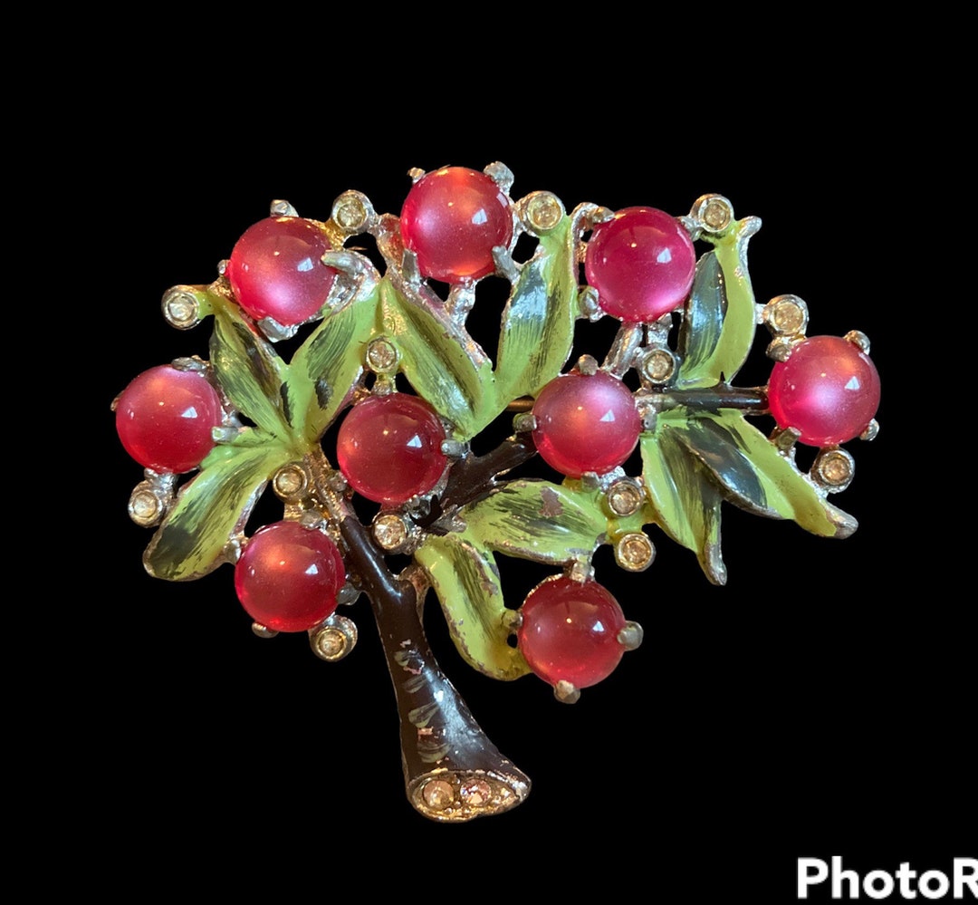 Coro Tree Brooch Pin, Pink Moonstone Enamel Pin, 1940s Vintage Jewelry ...