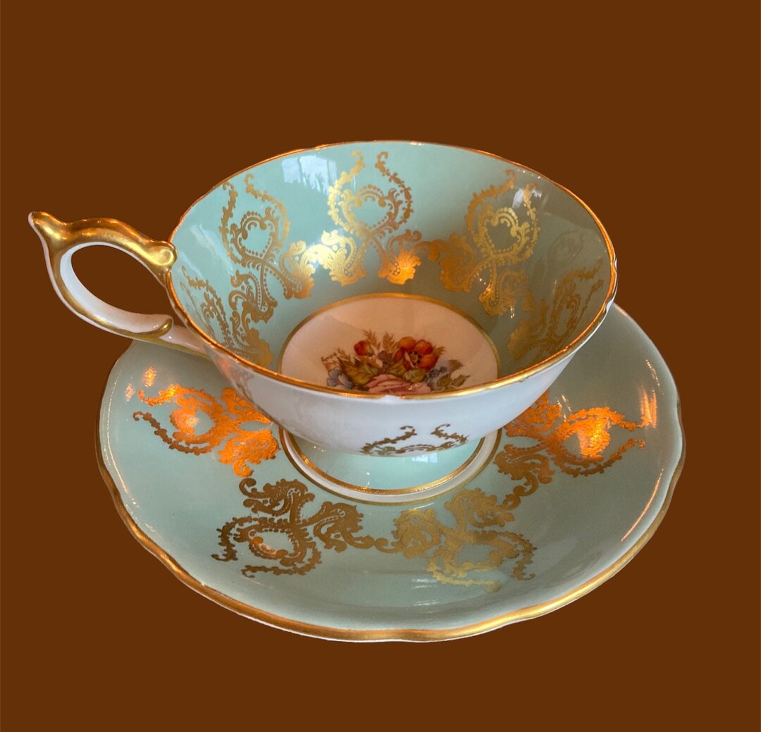 Aynsley 1543 Seafoam Green Footed Tea Cup & Saucer Fine Bone China ...