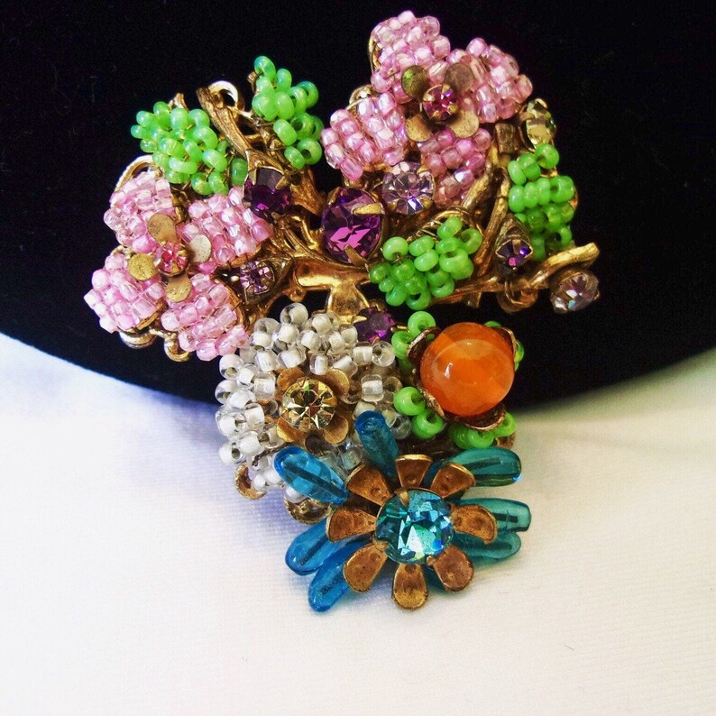 Miriam Haskell Flower Brooch Rhinestone Glass Bead Gold Plate Etsy
